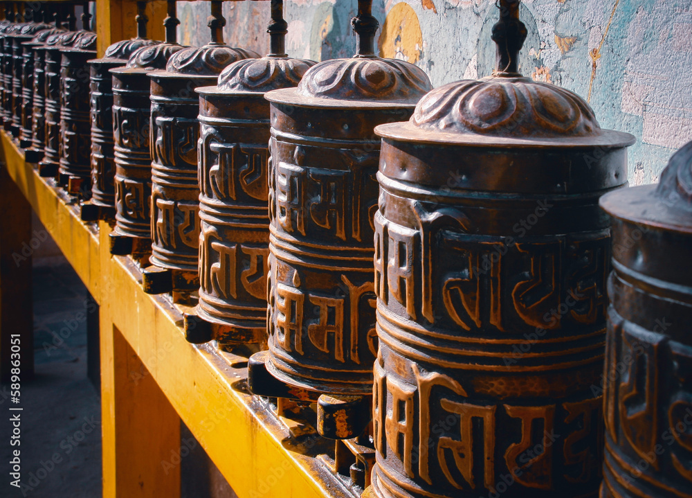 Bronze metal, mani, prayer wheels at Boudhanath Stupa, UNESCO world ...
