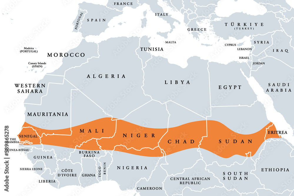 The Sahel, a region in Africa, political map. Ecoclimatic and ...