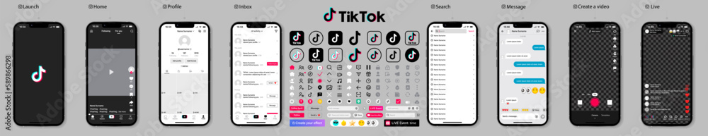 Social media network by Tik Tok. Mobile app tile template. User profile ...