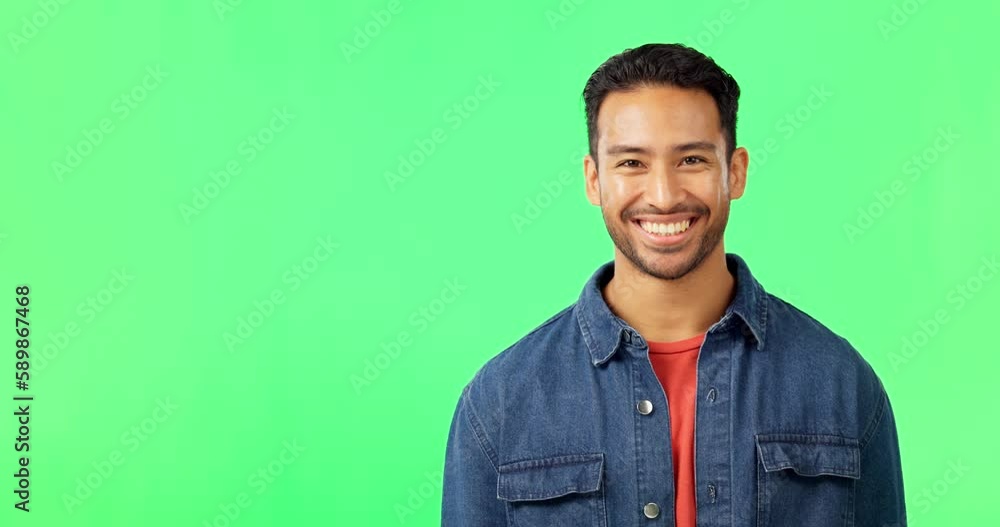Man, studio and happy on green screen portrait with space for product ...