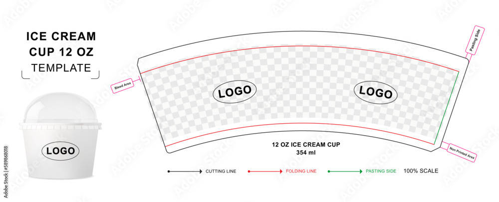 Ice cream cup die cut template for 12 ounce with 3D blank vector mockup ...
