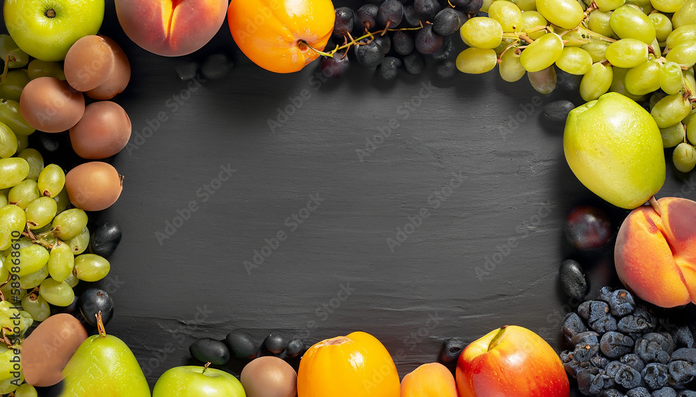 frame of fruits background with title space. various fruits background ...