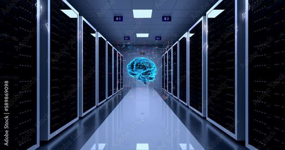 Human brain symbolizing artificial intelligence. Rack servers in data ...