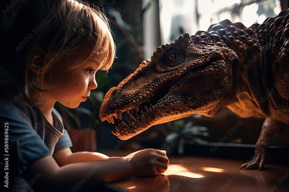 Little boy playing with dinosaur at home. Cute child looking at ...