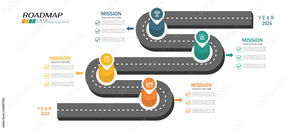 Roadmap infographic 4 steps timeline concept. Winding road. Vector ...
