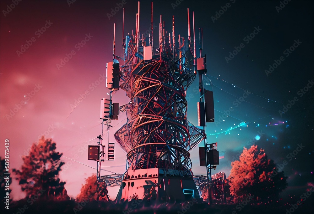 A tower with 4G and 5G transmitters, transmitting antennas, and ...
