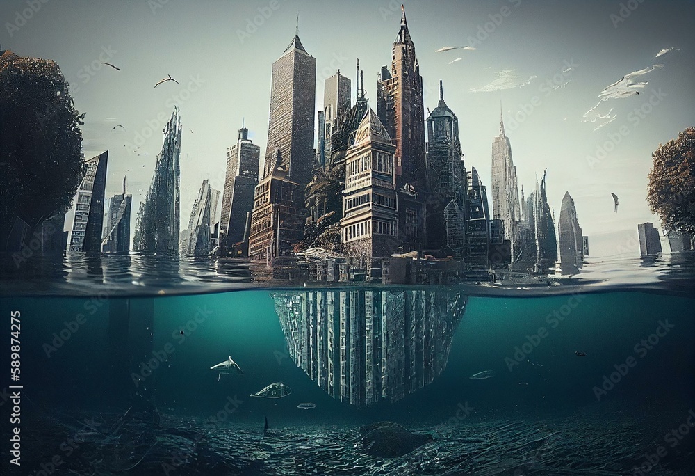 An image depicting a city submerged in water due to flooding ...