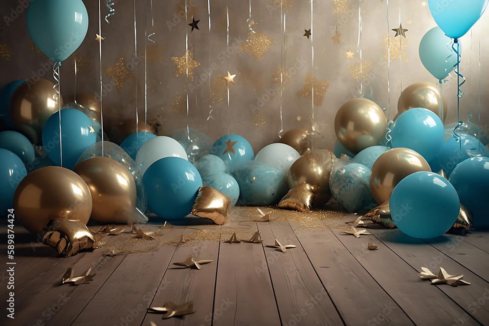 Blue and gold balloons Digital Backdrops, Cake Smash Digital Backdrop ...