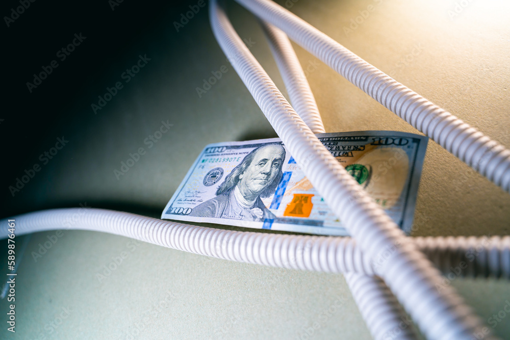 Corrugated wiring and cash close-up. Gray corrugated tube for ...