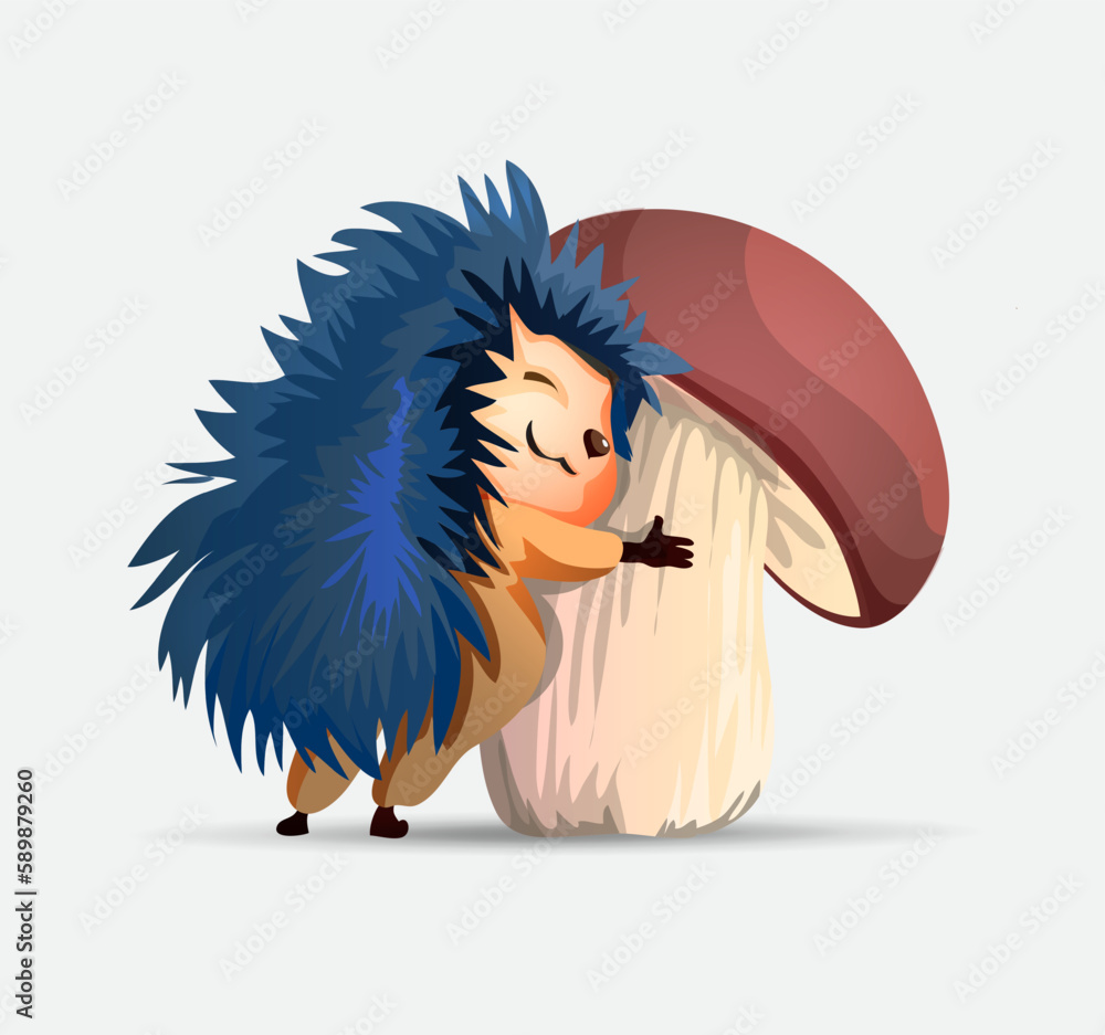 Vector hedgehog.Cute hedgehog hugs a big white mushroom. Hedgehogs ...