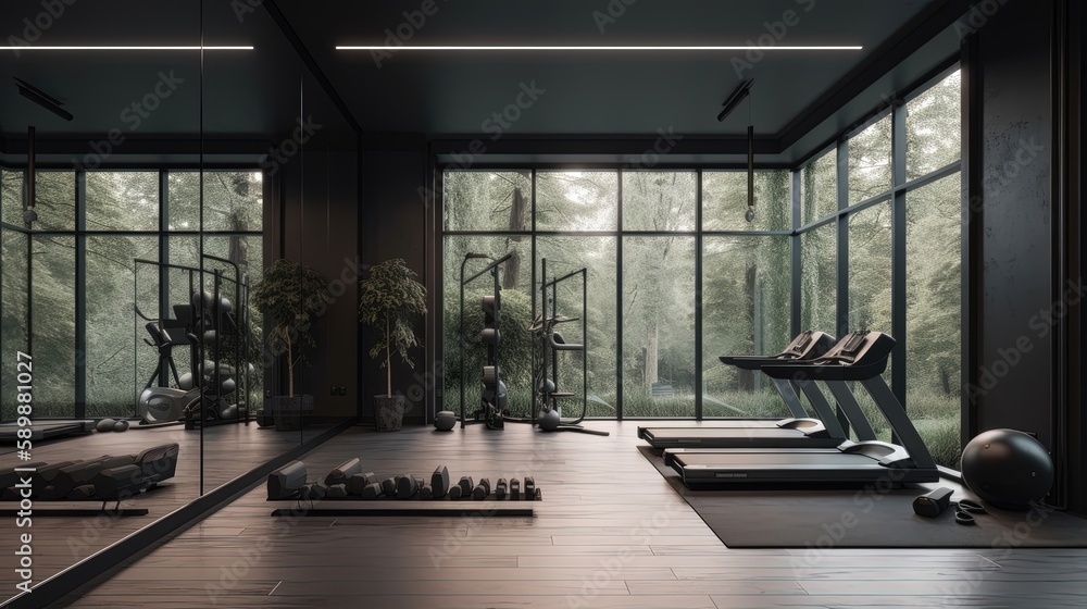 This sleek and minimalist home gym features floor-to-ceiling windows ...