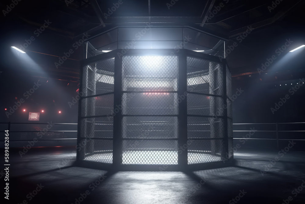 Cage fight arena with entry doorway. Interior view of fighting arena ...