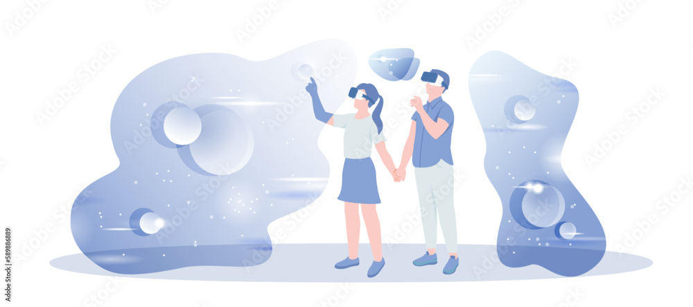 Virtual Reality. Communication in the network. Man and woman wearing VR ...