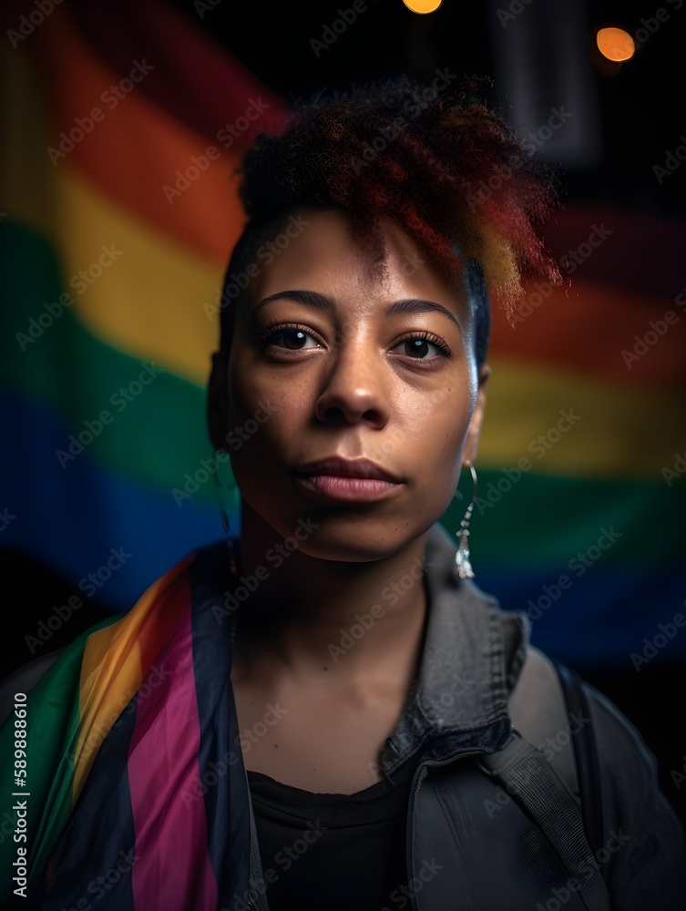 A dark skinned person stands confidently in front of a rainbow flag, a ...
