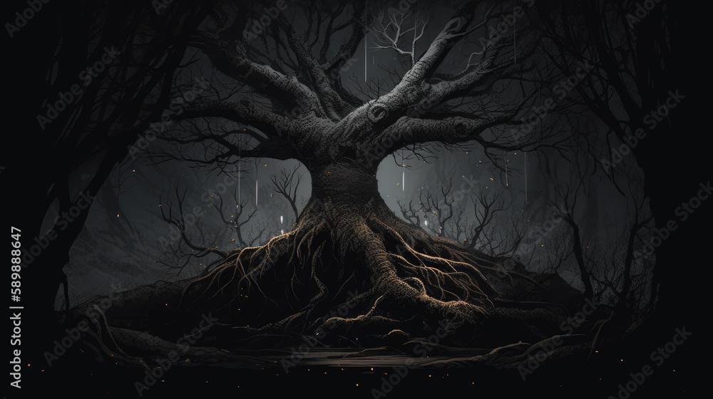 Gnarled and twisted tree in a dark forest, with intricate root systems ...