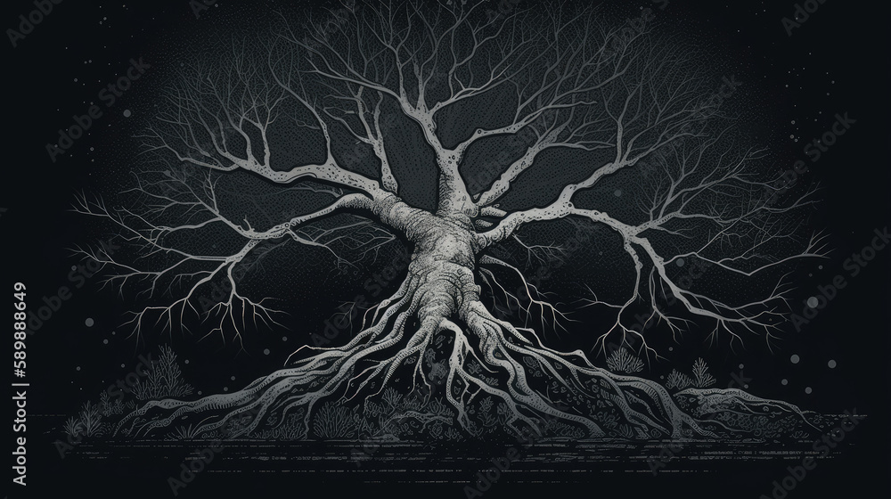 Gnarled and twisted tree in a dark forest, with intricate root systems ...