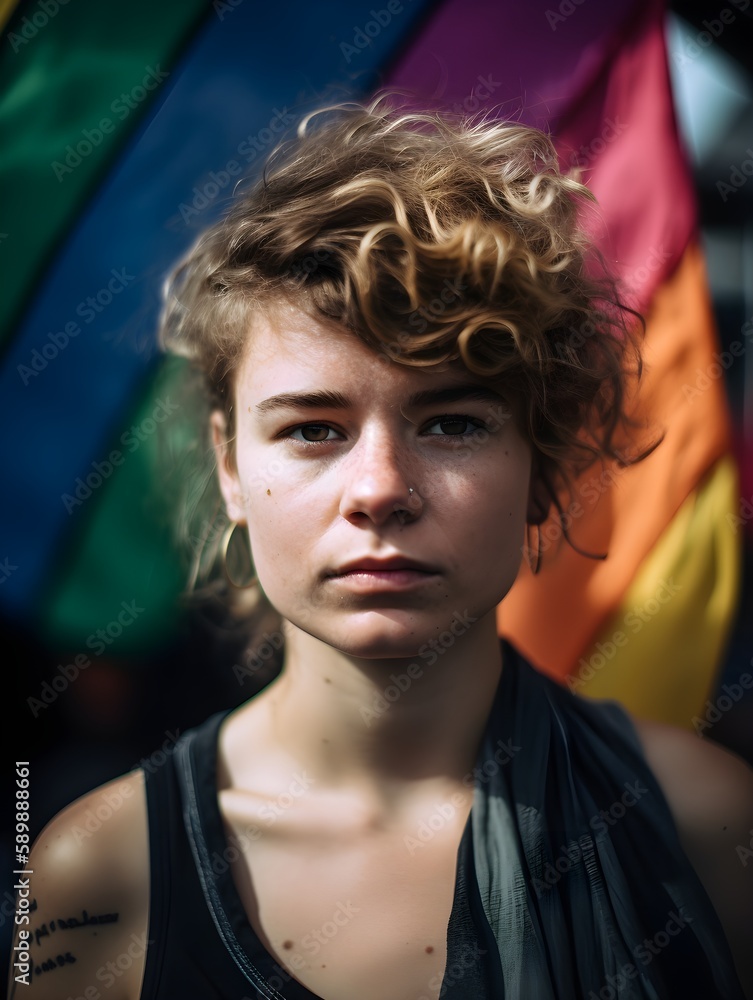 Person stands confidently in front of a rainbow flag, a symbol of LGBT ...