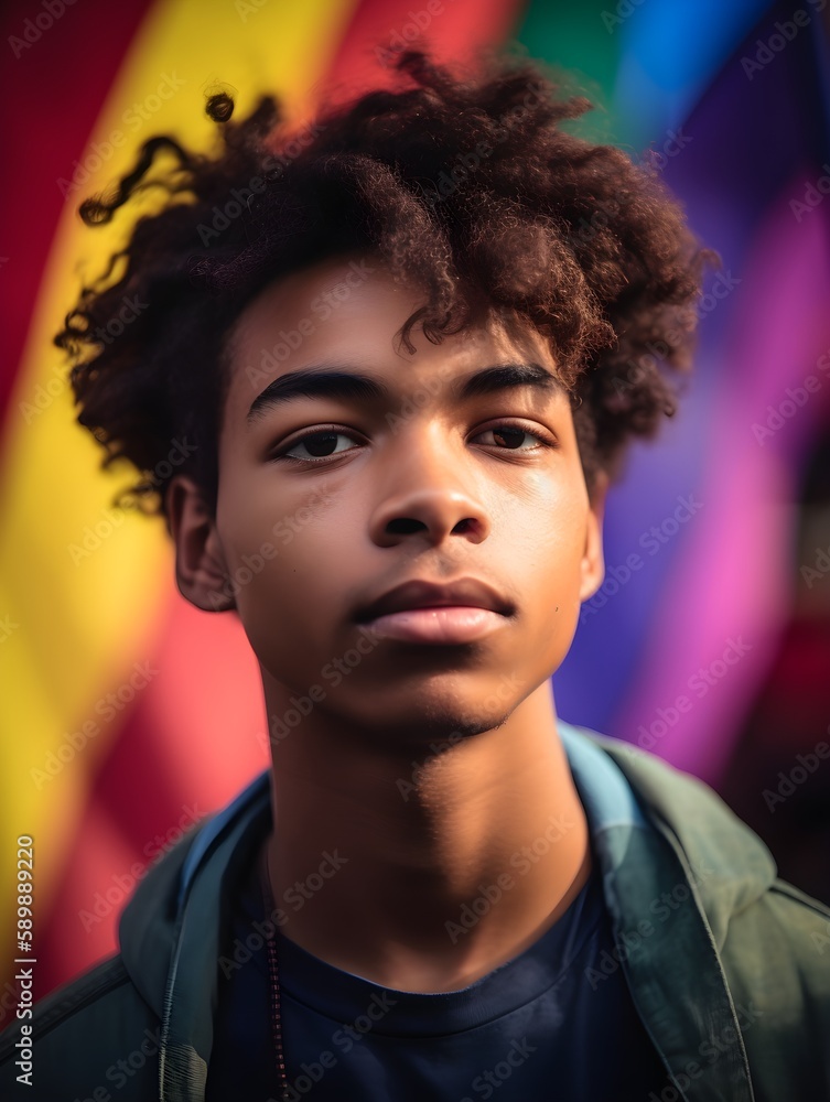 Portrait of a handsome young man confidently in front of a rainbow flag ...