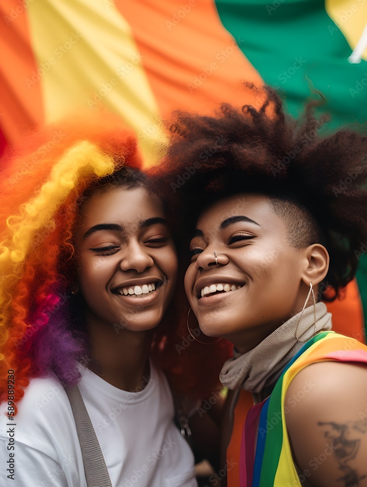 Happy couple portrait standing confidently in front of a rainbow flag ...
