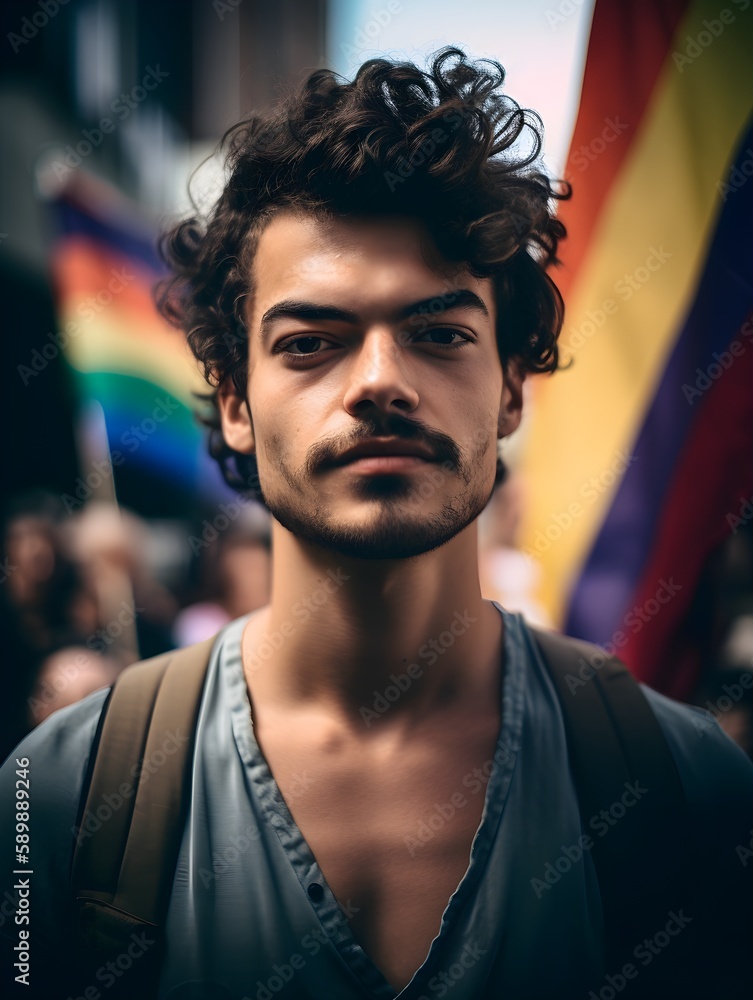 Handsome latin american guy in front of a rainbow flag, a symbol of ...