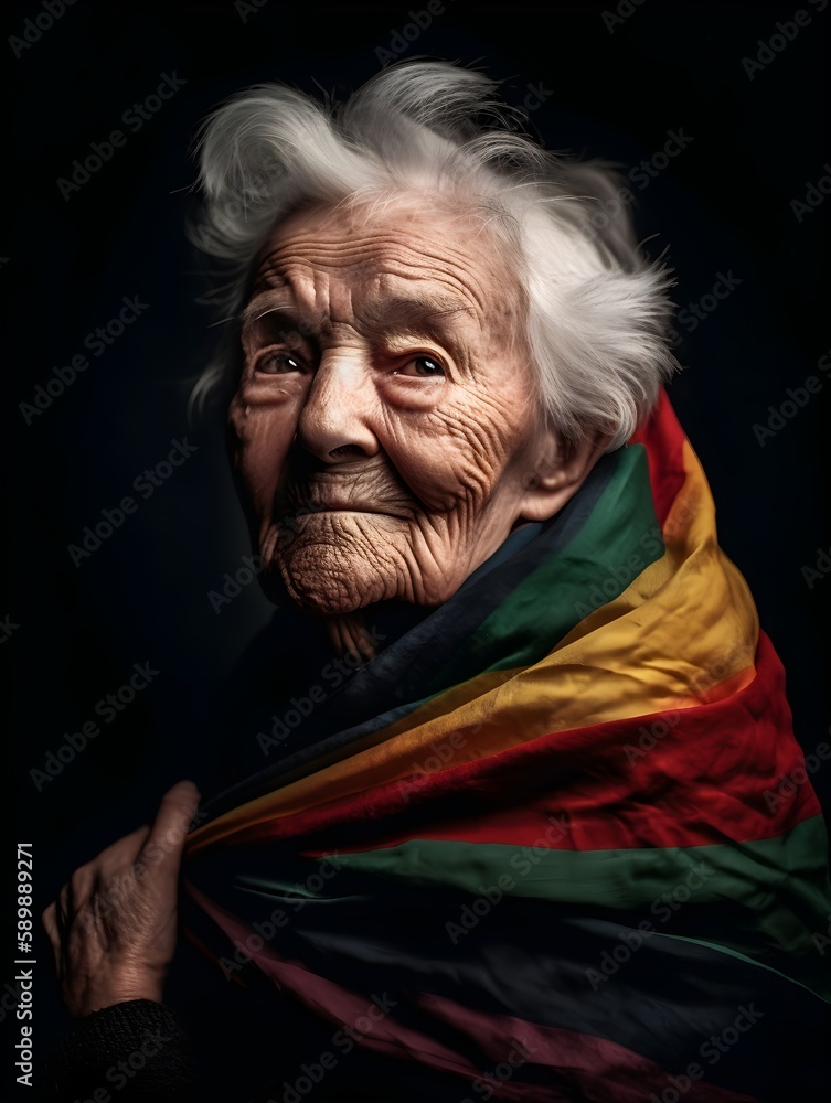Elderly woman confidently wearing a rainbow flag, a symbol of LGBT ...