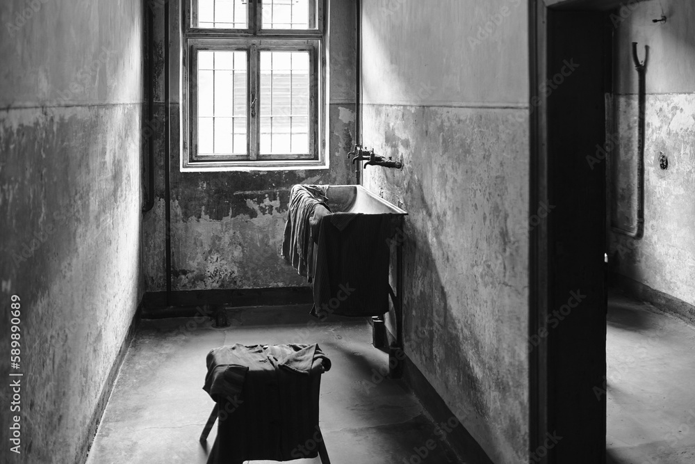 Bathhouse and bathroom inside the barracks in the extermination camp in ...