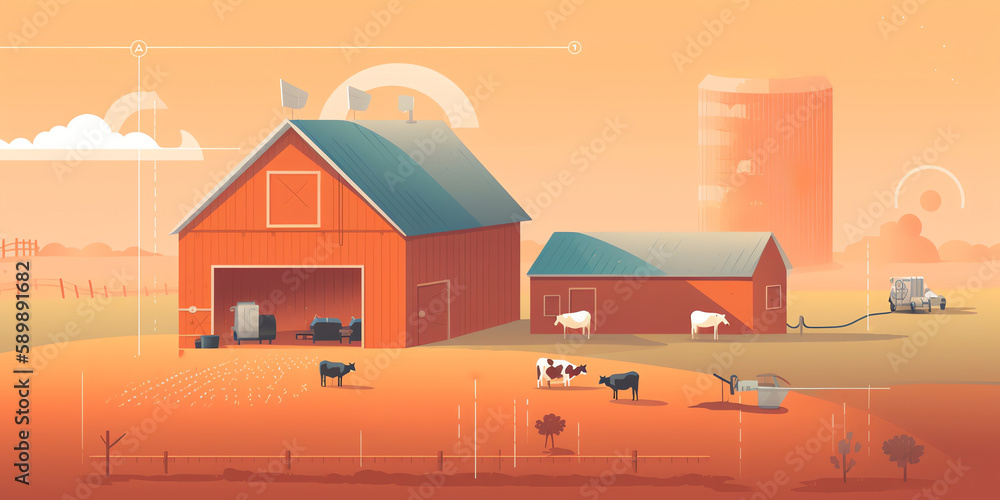 Smart Livestock Management: A high-tech flat-style illustration of a ...