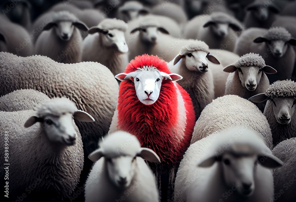 Red sheep stands out among white sheep, symbolizes not following the ...