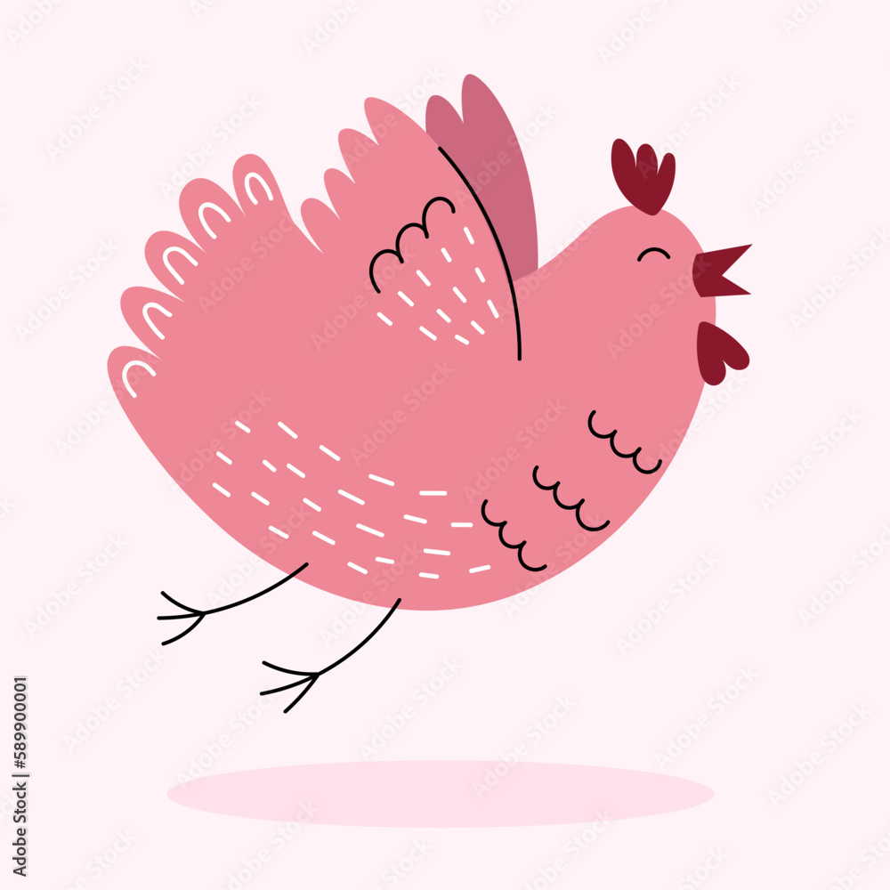 Cute pink hen. Poultry farm, farm animals and birds. Cartoon vector ...