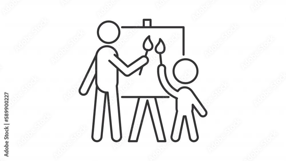 Painting with parent line animation. Father and son drawing together ...