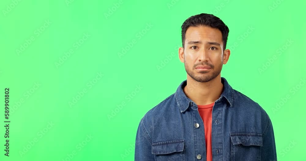 Man, sad and portrait on green screen while shaking head for feedback ...
