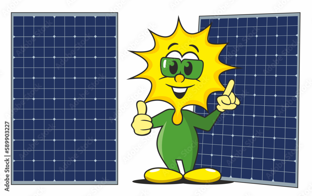 nice cartoon sun figure explains photovoltaic in front of cell panel ...