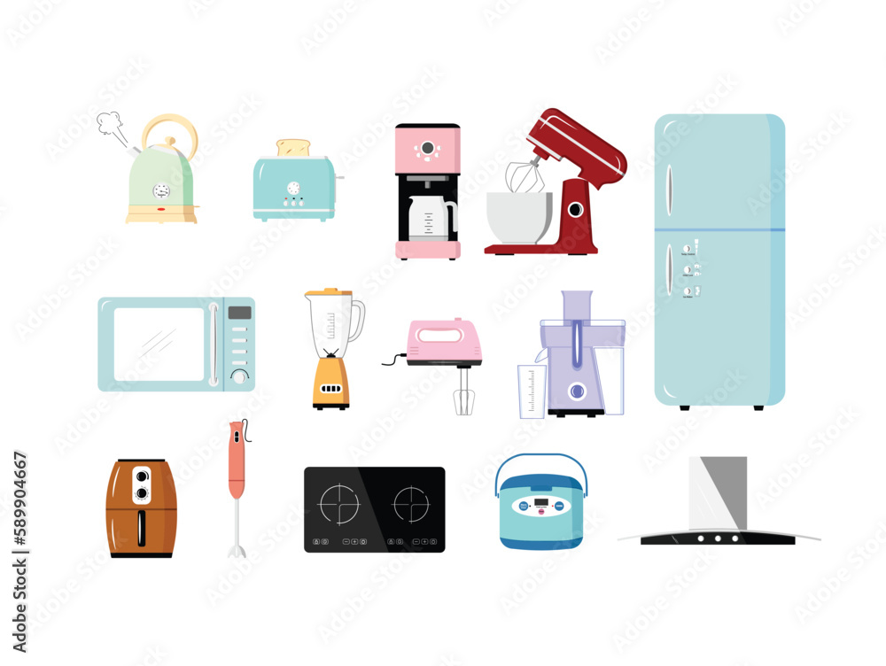 Set of pastel color kitchen appliances flat vector in cartoon style ...