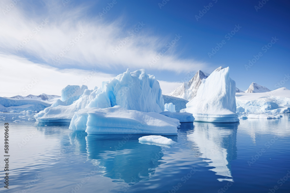 Mer calme dans l'Arctique ou Antarctique avec une multitude d'iceberg ...