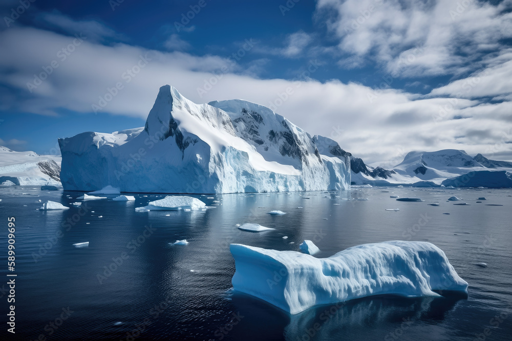 Mer calme dans l'Arctique ou Antarctique avec une multitude d'iceberg ...