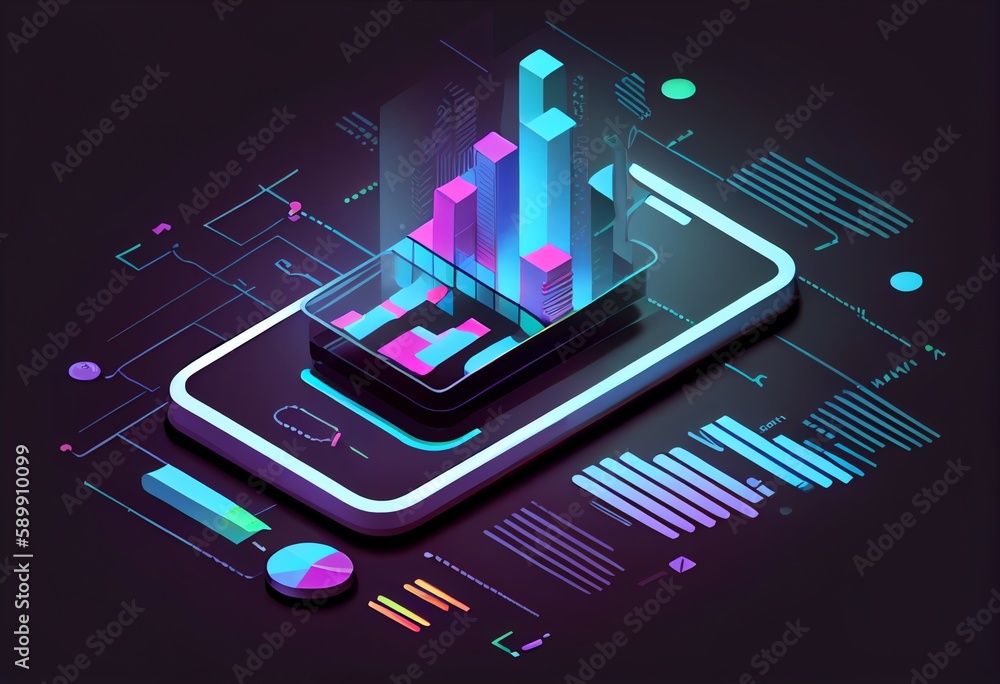 Isometric mobile phone shows a business graph and analytics data for software development coding ...