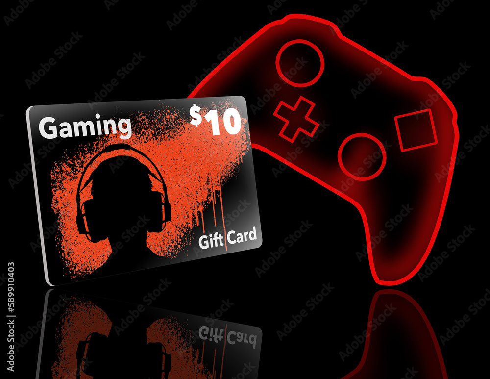 A gaming system gift card is seen with a neon game controller in a 3-d ...