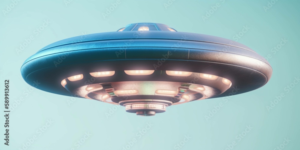 extraterrestrial aliens spaceship fly above small town, ufo with blue ...