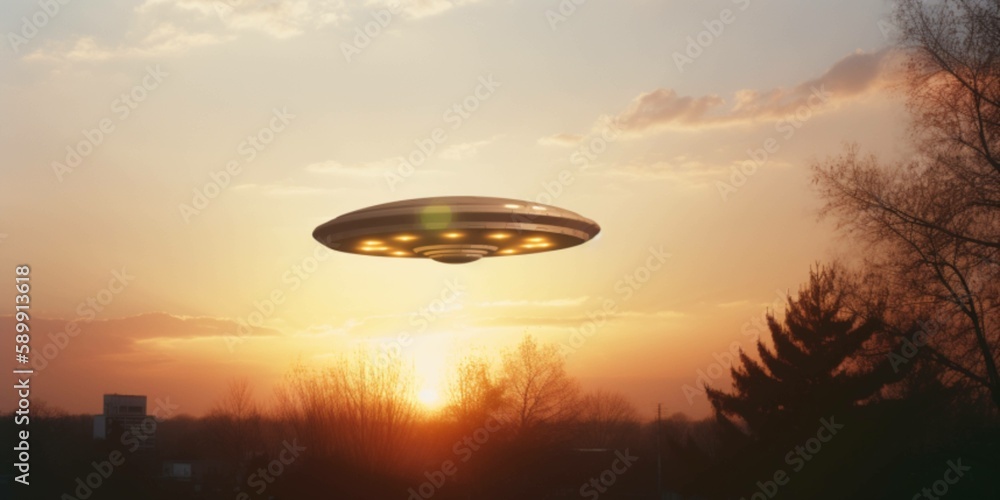 extraterrestrial aliens spaceship fly above small town, ufo with blue ...