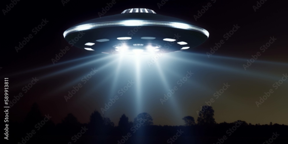 extraterrestrial aliens spaceship fly above small town, ufo with blue ...