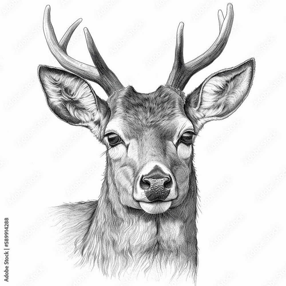 Line art portrait of deer with antlers on white background, pencil ...