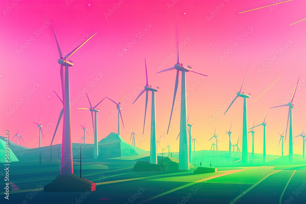 Windmill alternative neon flat illustration, renewable energy with ...