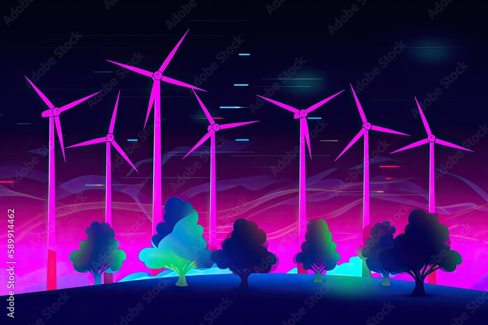 Windmill alternative neon flat illustration, renewable energy with ...
