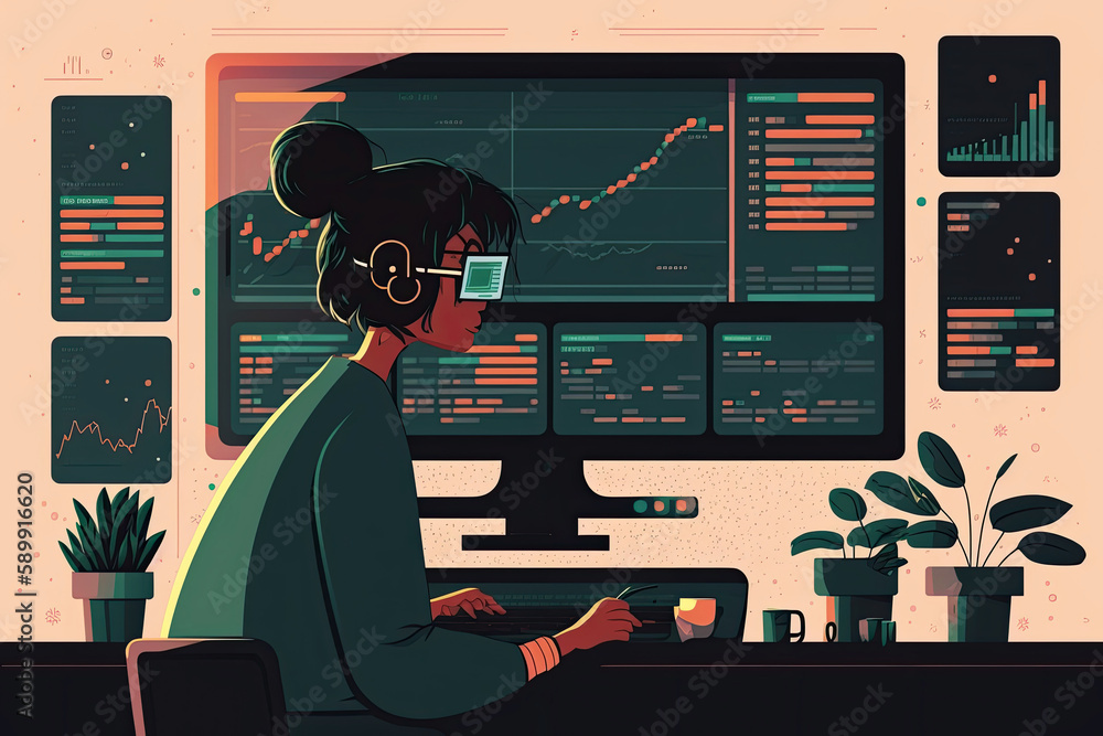 AI generated illustration female trader doing analysis and trading ...