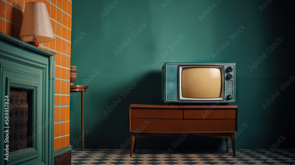 Old-fashioned classic tube TV in a retro living space. Nostalgic home ...