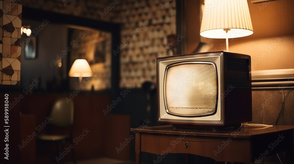 Old-fashioned classic tube TV in a retro living space. Nostalgic home ...