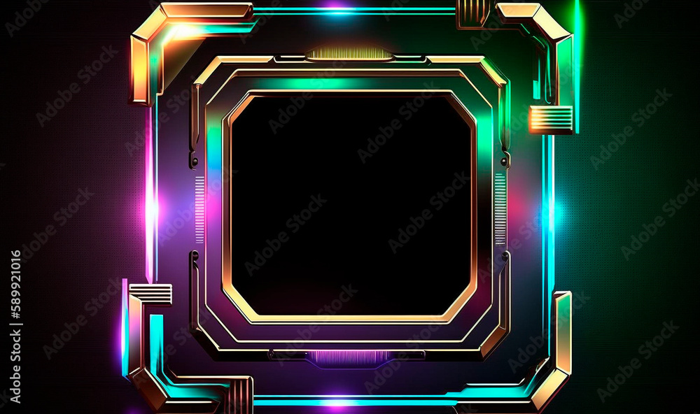 Square cyber frame with neon highlights background. Glowing techno ...