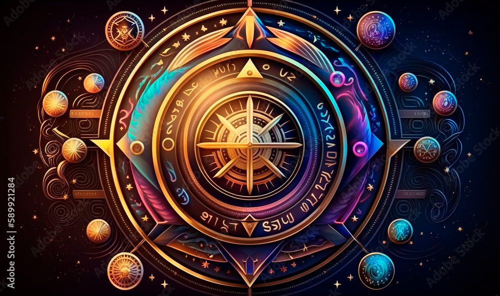 Futuristic zodiac compass background. Magical colorful 3d device with ...