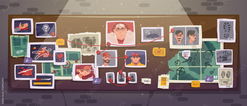 Cartoon detective board. Police cork pinboard with evidence victim ...