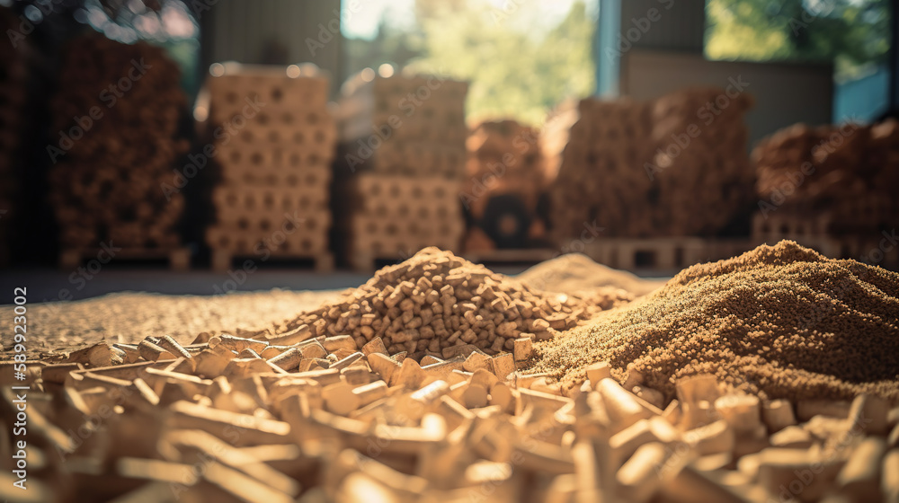 Ground level of heap of compressed wood pellets stacked on floor near ...